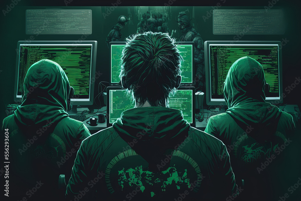Hackers are seen from behind in front of a computer with multiple ...