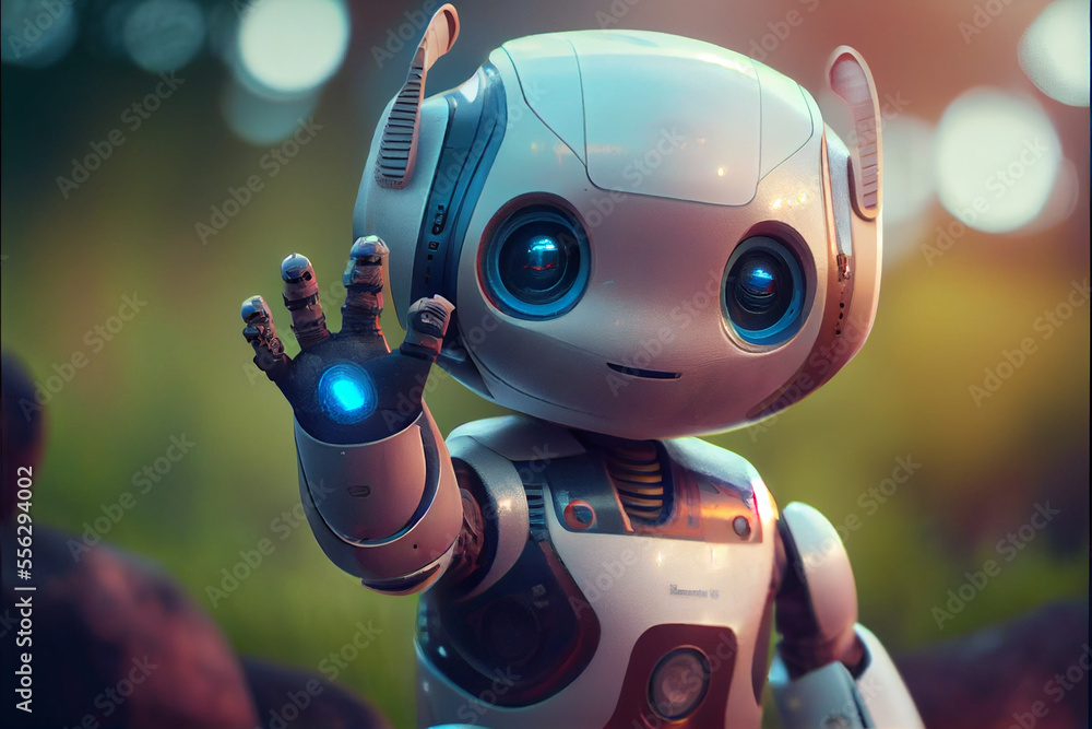 Cute and little robot helper with artificial intelligence raising hand- Generative AI Stock ...
