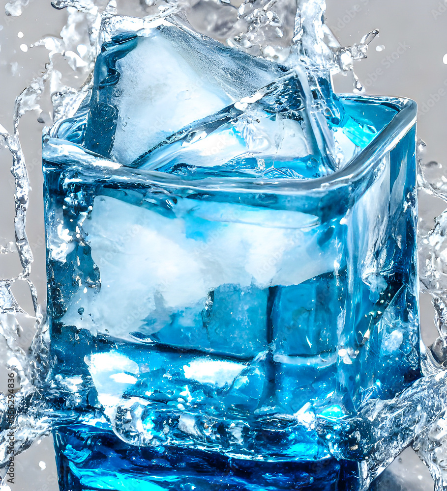 Cubes of frozen fresh water. Pouring vodka on ice cubes. Realistic ...
