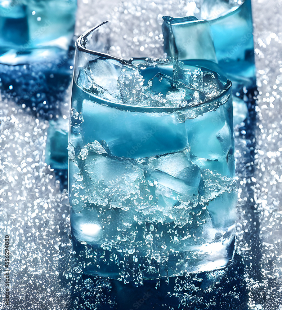 Cubes of frozen fresh water. Pouring vodka on ice cubes. Realistic ...