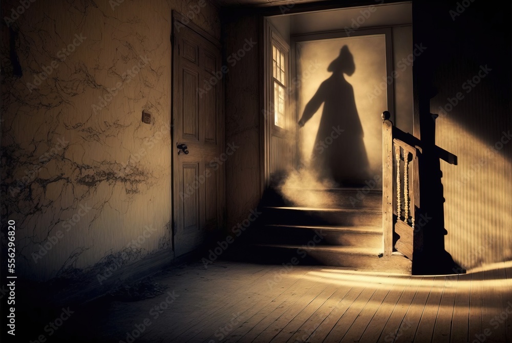 Creepy abandoned haunted house with evil demonic shadow man apparition ...