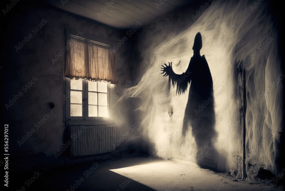 Creepy abandoned haunted house with evil demonic shadow man apparition ...