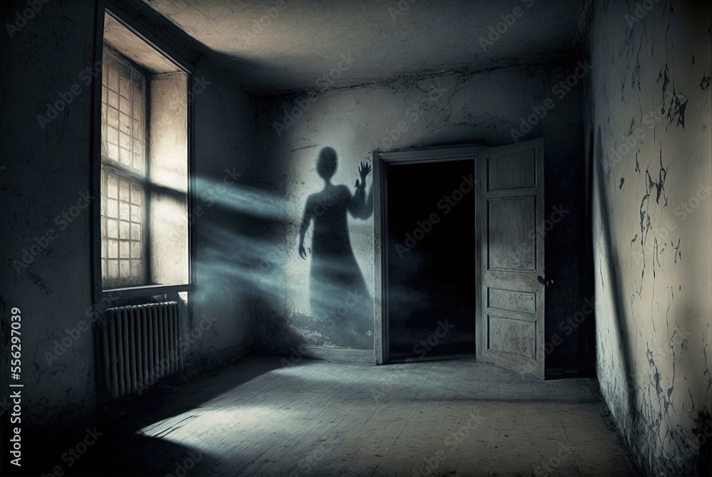 Creepy abandoned haunted house with evil demonic shadow man apparition ...