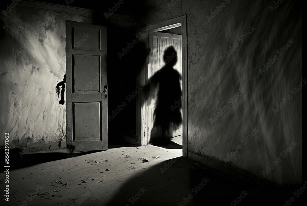 Creepy abandoned haunted house with evil demonic shadow man apparition ...