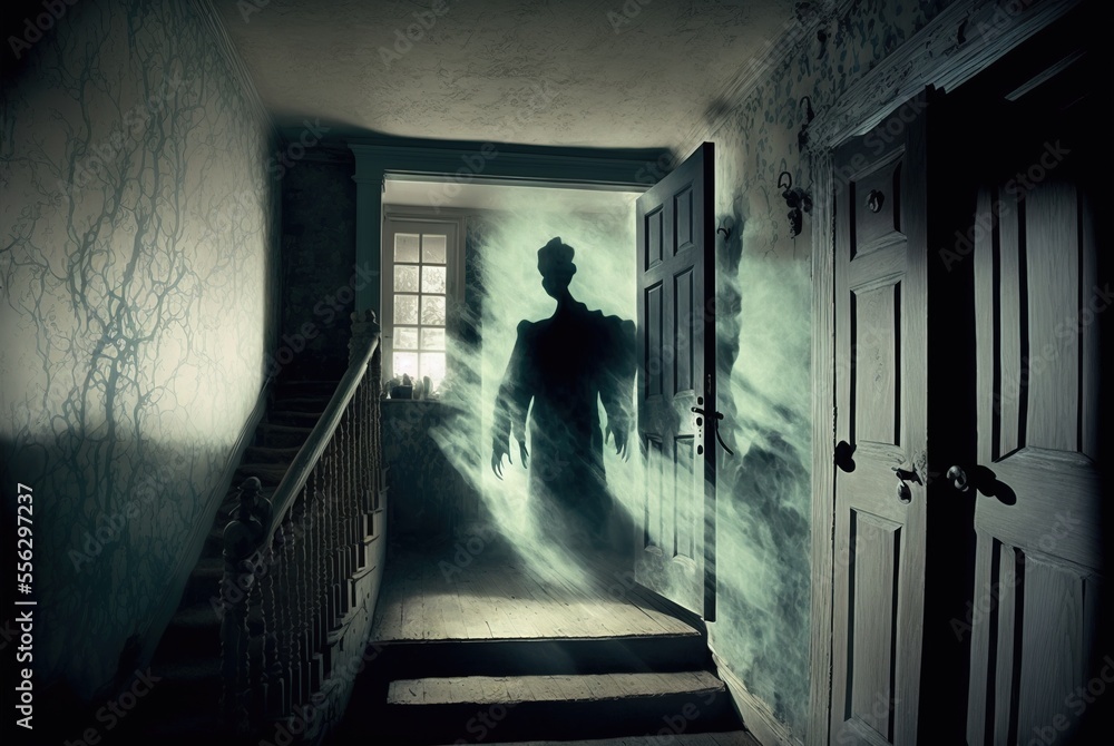 Creepy abandoned haunted house with evil demonic shadow man apparition ...