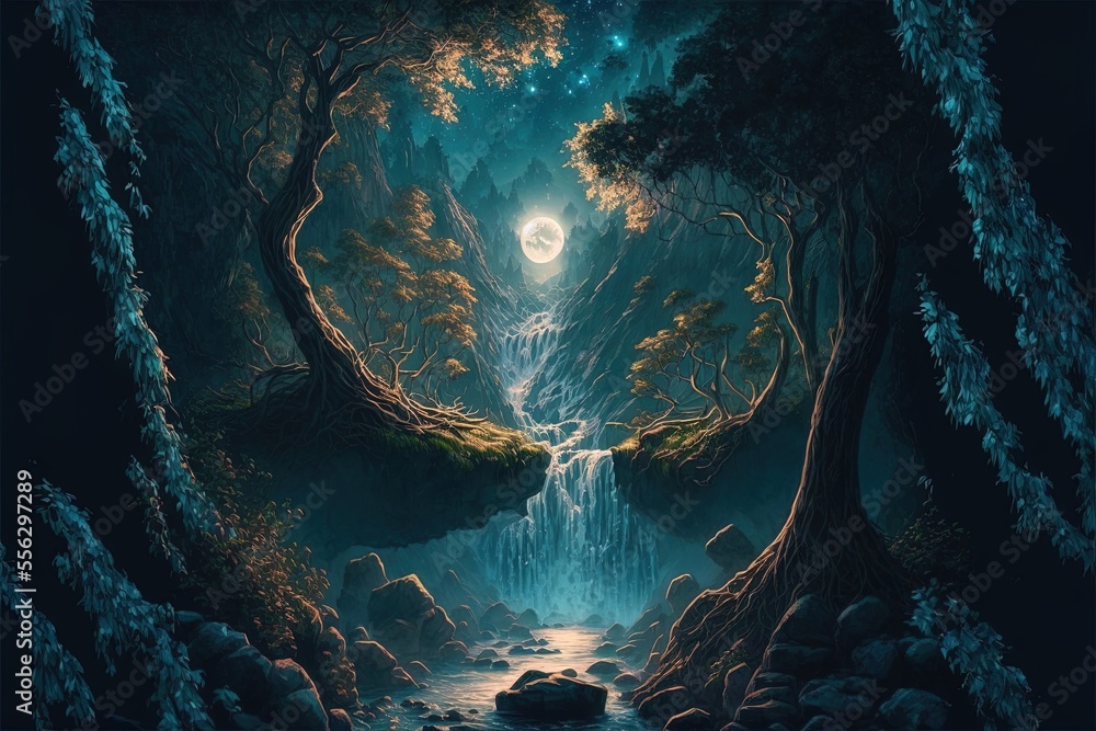 In the middle of the forest at night, the month lights up the waterfall ...