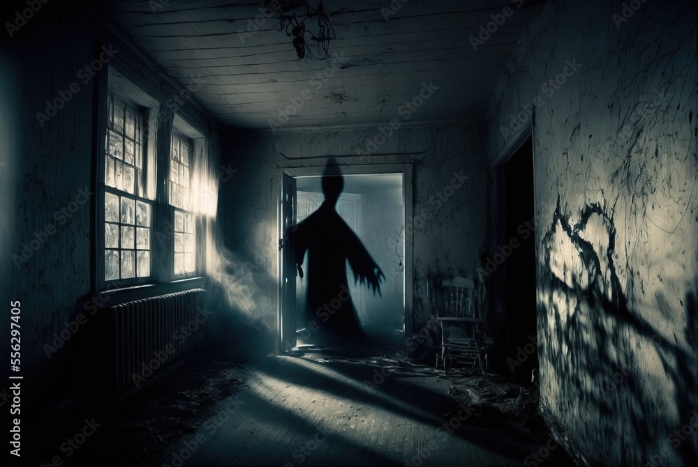 Creepy abandoned haunted house with evil demonic shadow man apparition ...