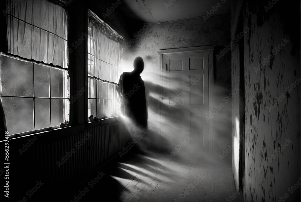 Creepy abandoned haunted house with evil demonic shadow man apparition ...