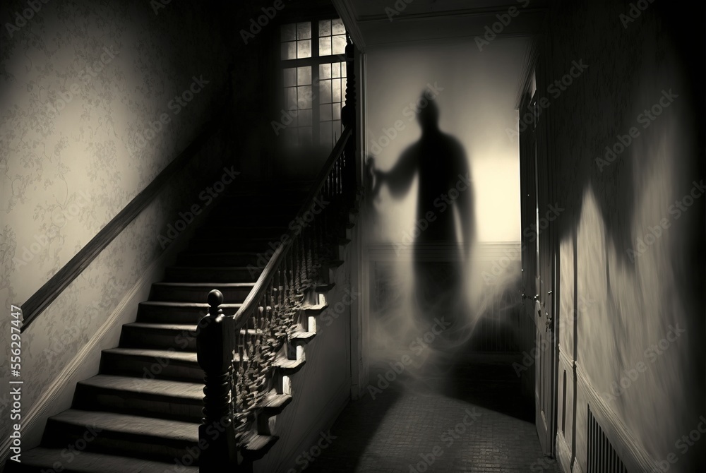 Creepy abandoned haunted house with evil demonic shadow man apparition ...