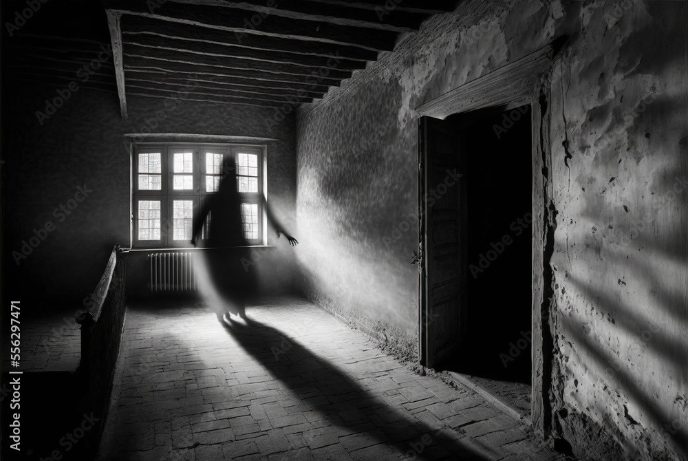 Creepy abandoned haunted house with evil demonic shadow man apparition ...