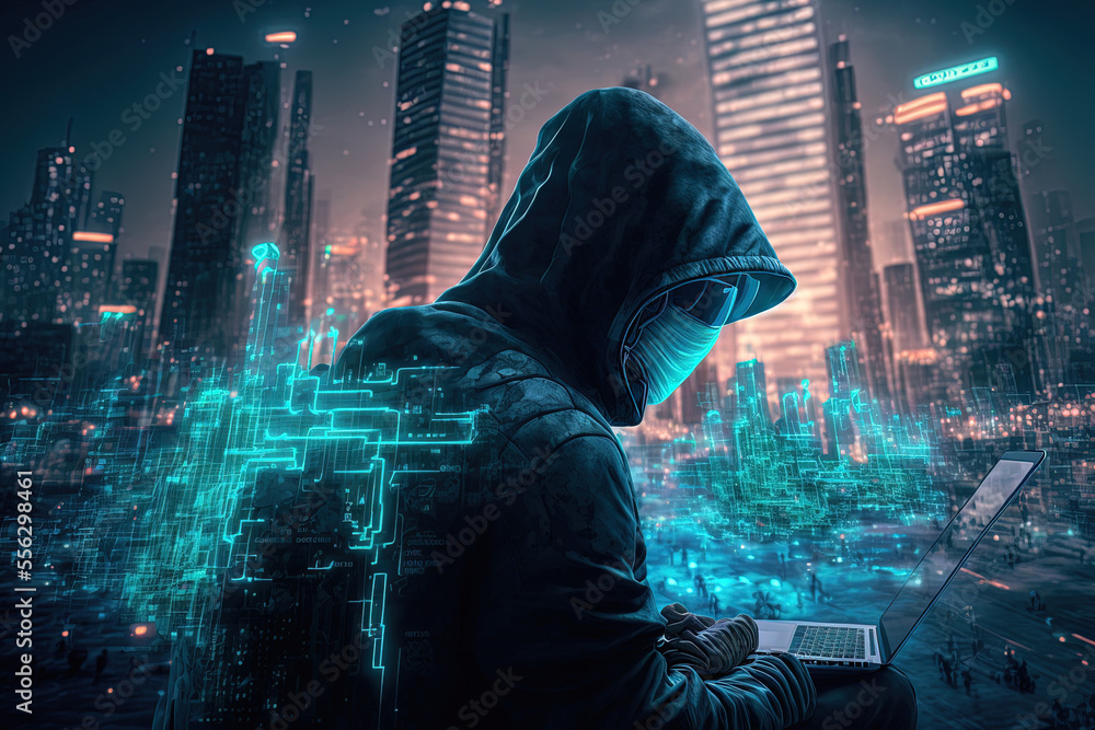 Digital map and illuminating city hologram on hacker's laptop against ...