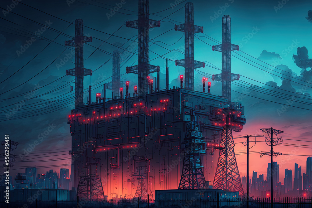 Raster representation of a city electricity station at night with ...