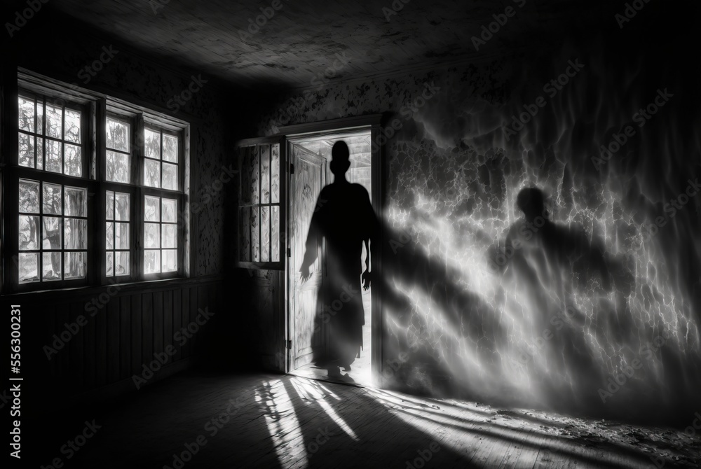 Creepy abandoned haunted house with evil demonic shadow man apparition ...