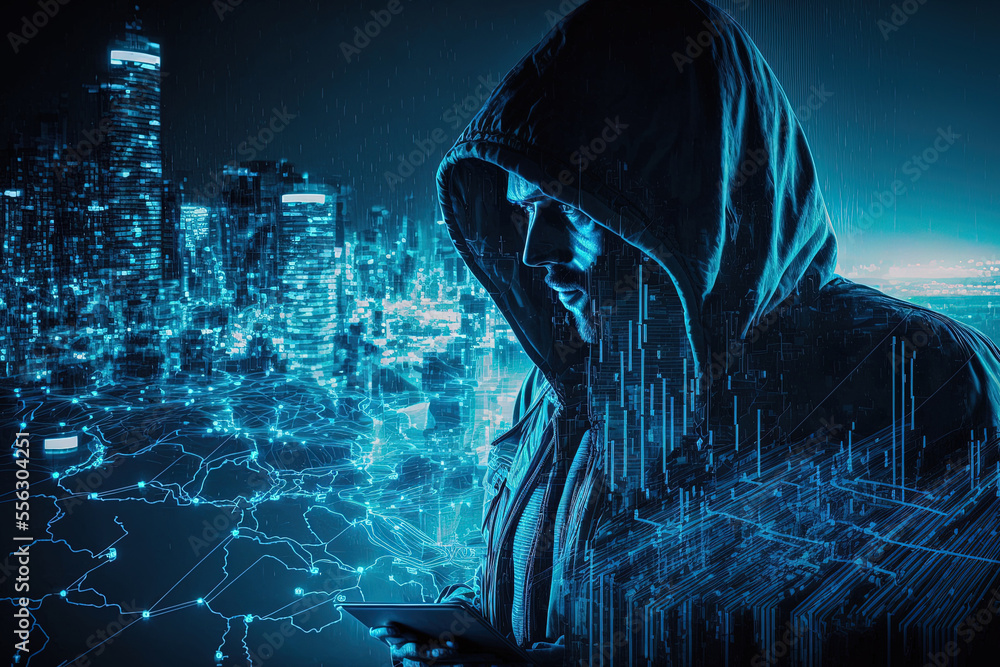 Hacker uses innovative bright blue business chart with a map on hazy ...