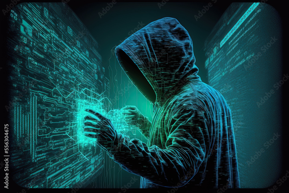 Hacking and malware design showing a hooded hacker attacking sensitive ...