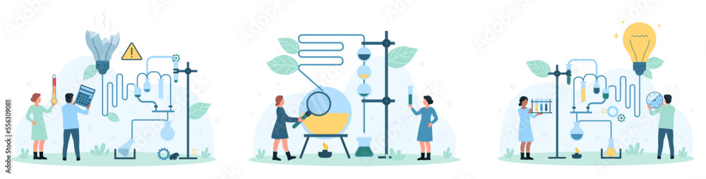 Chemistry, laboratory research set vector illustration. Cartoon tiny ...
