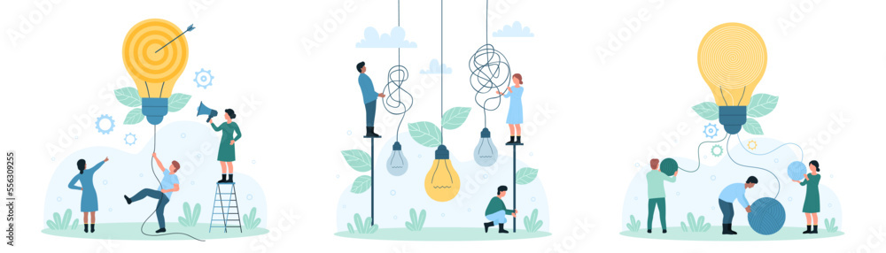 Simple idea and solution, brainstorm process set vector illustration ...
