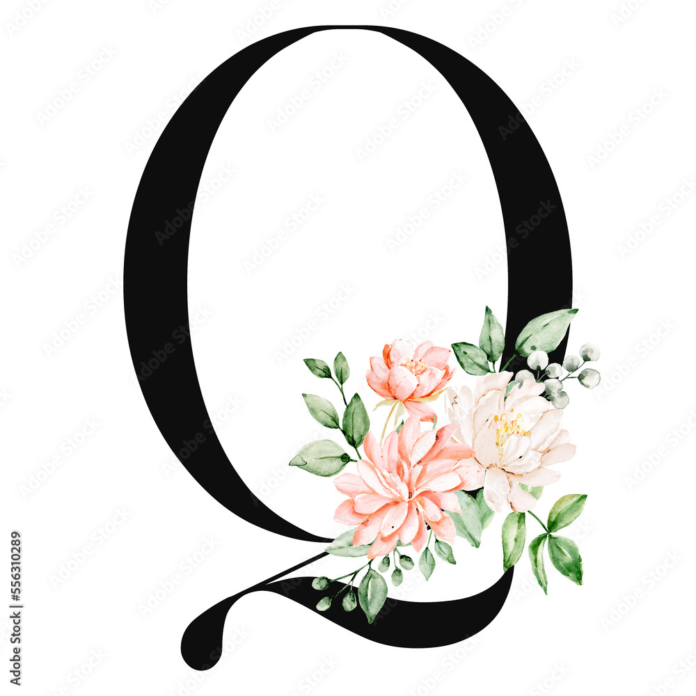 Alphabet, letter Q with watercolor flowers and leaf. Monogram initials ...