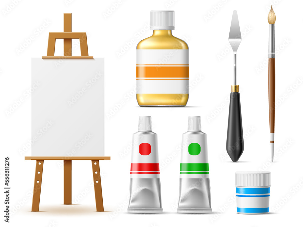 Realistic painter tools. Art supplies and equipments, oil and solvent ...