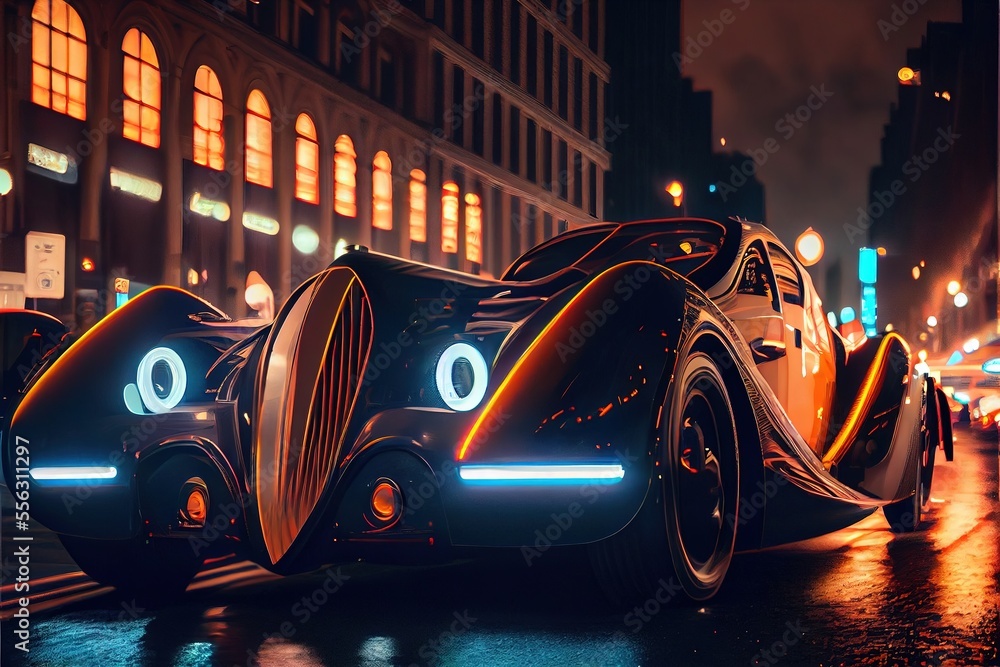 Retro car racing down the road through the old town. The picture is in ...