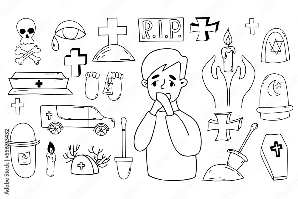 Collection of death doodles. Heartbroken boy. Funeral symbols - grave ...
