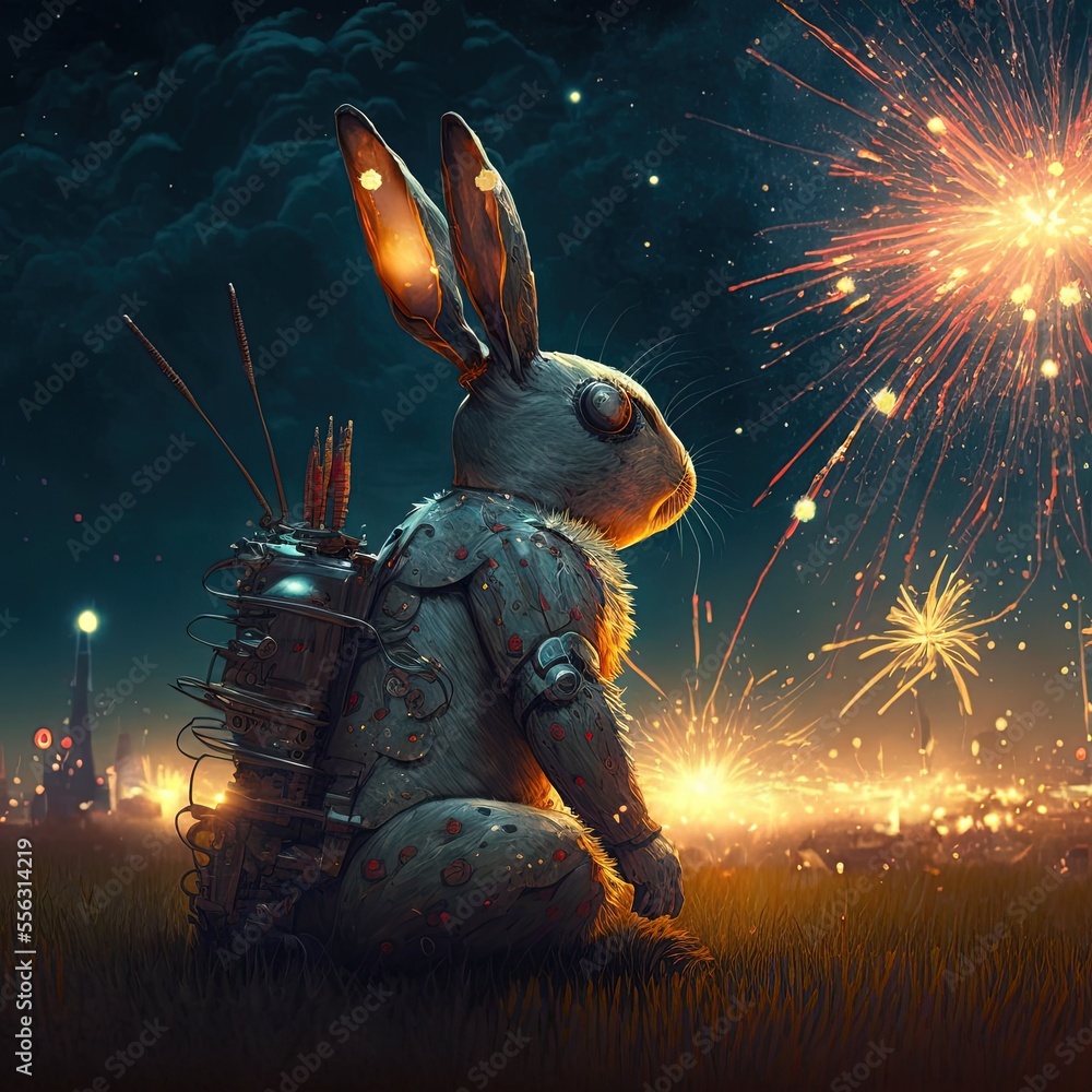 Ilustração do Stock: Robot rabbit watching fireworks, futuristic knight ...