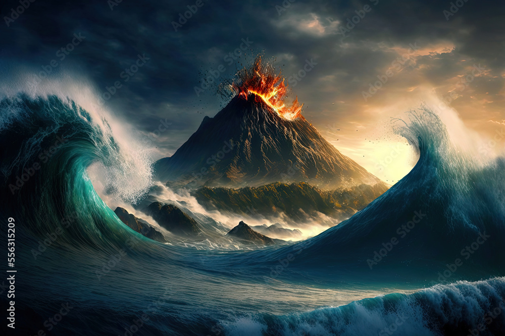 Island Devastated by Double Disaster of Tsunami and Volcano Eruption, a ...