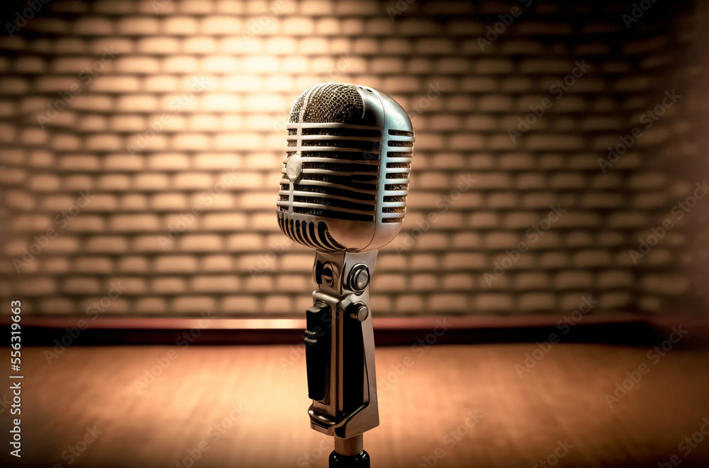 microphone on a stand up comedy stage with reflectors ray, high ...
