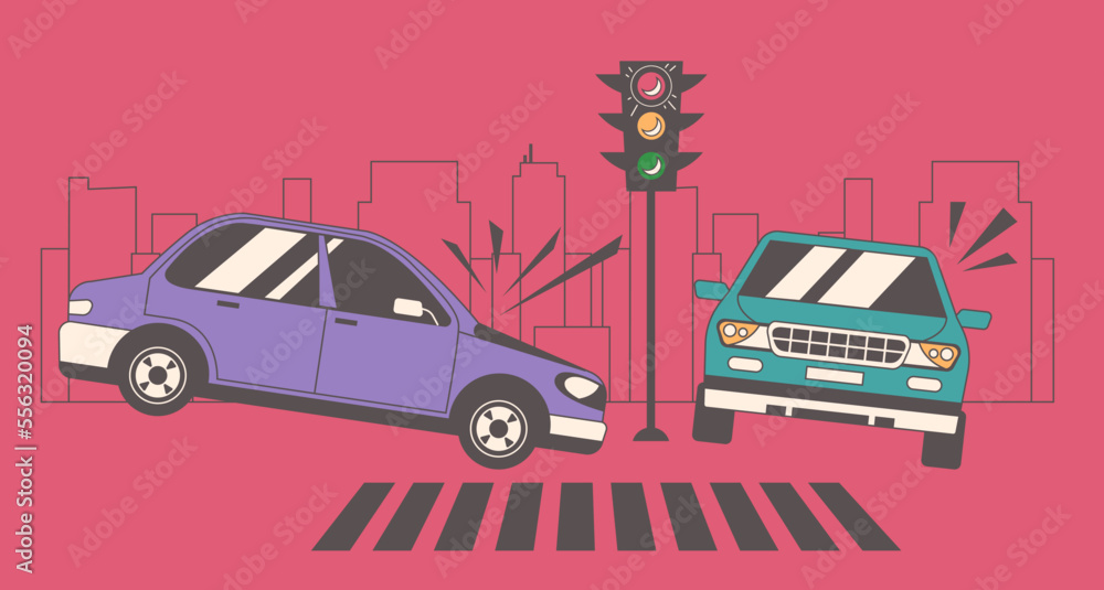 Car crash accident on red traffic light concept. Vector graphic design ...