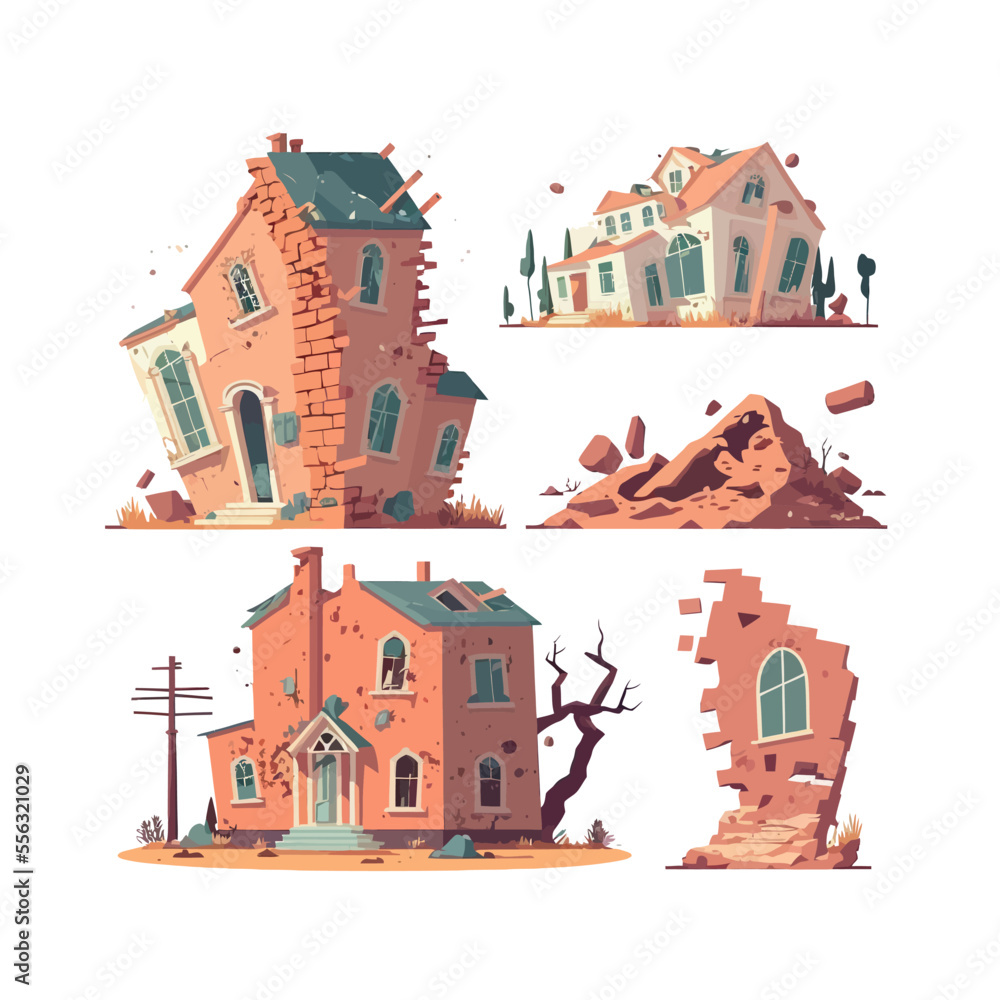 Broken ruined buildings, houses set. Isolated on background. Cartoon ...