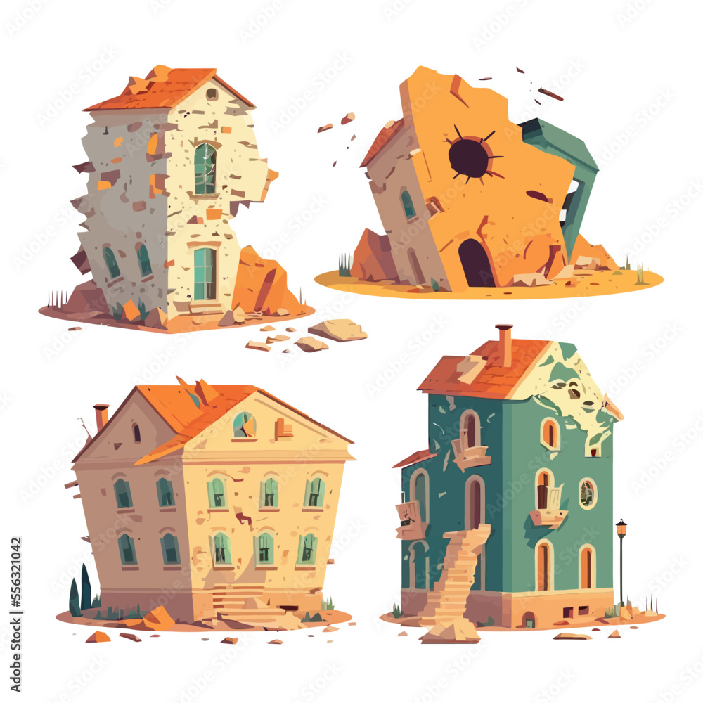 Broken ruined buildings, houses set. Isolated on background. Cartoon ...