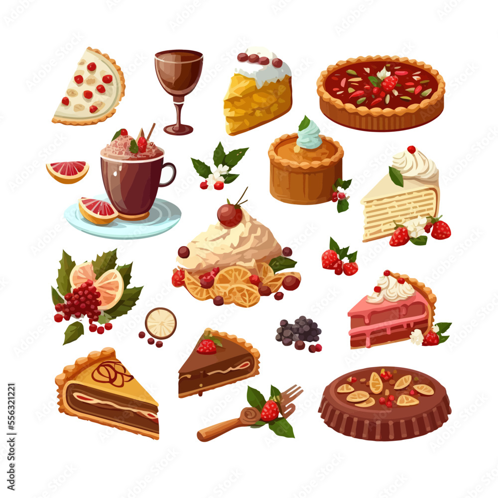 Christmas food set. Isolated on background. Cartoon flat vector ...