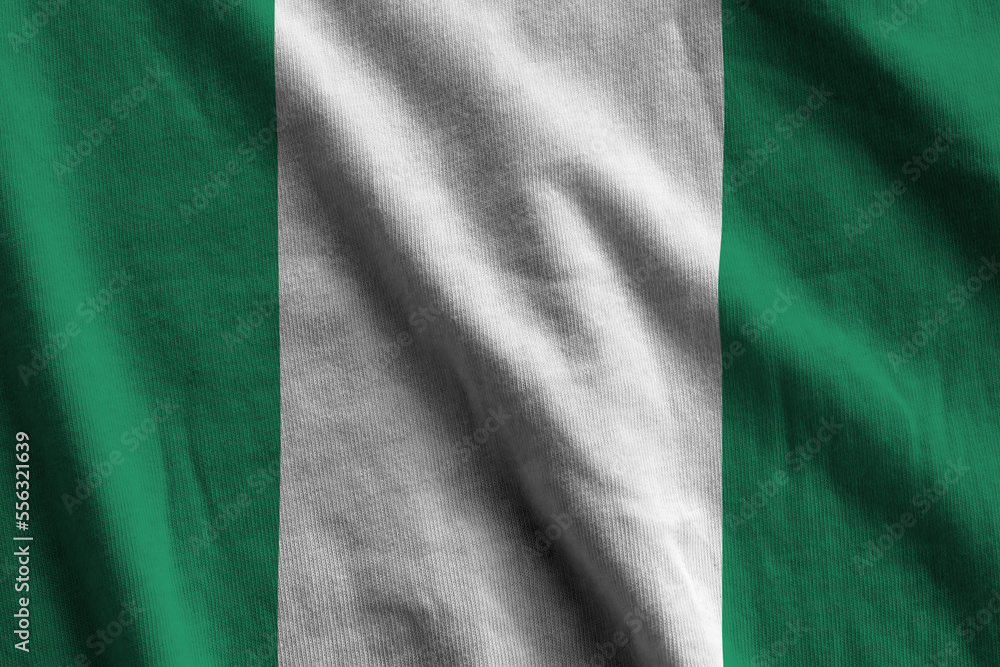 Nigeria flag with big folds waving close up under the studio light ...