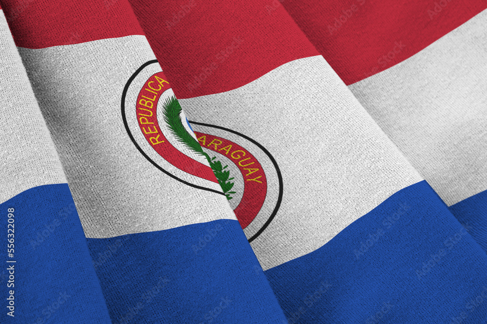Paraguay flag with big folds waving close up under the studio light indoors. The official ...