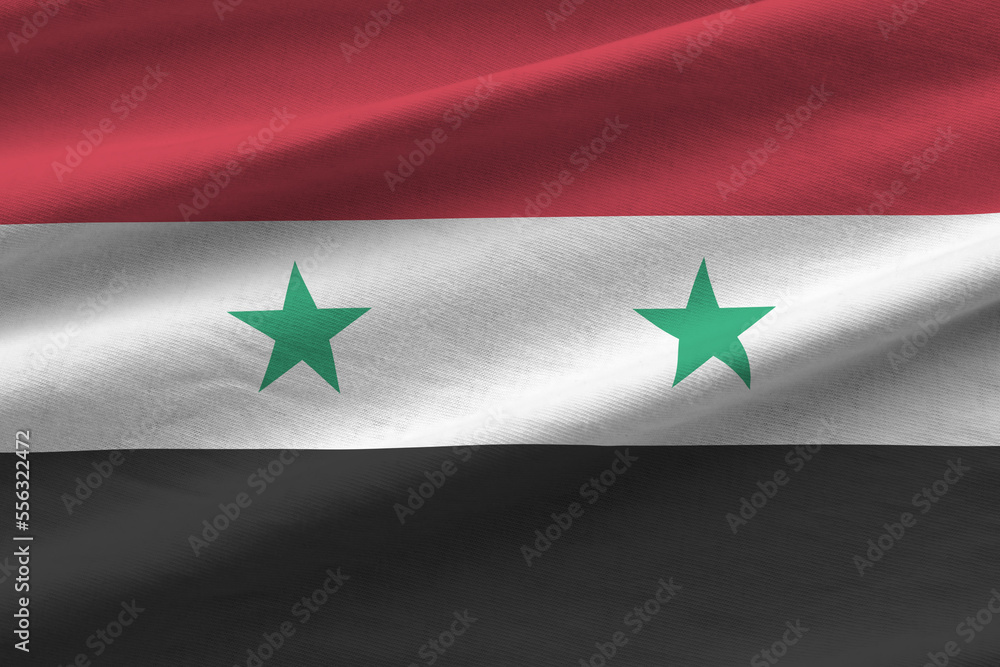 Syria flag with big folds waving close up under the studio light ...