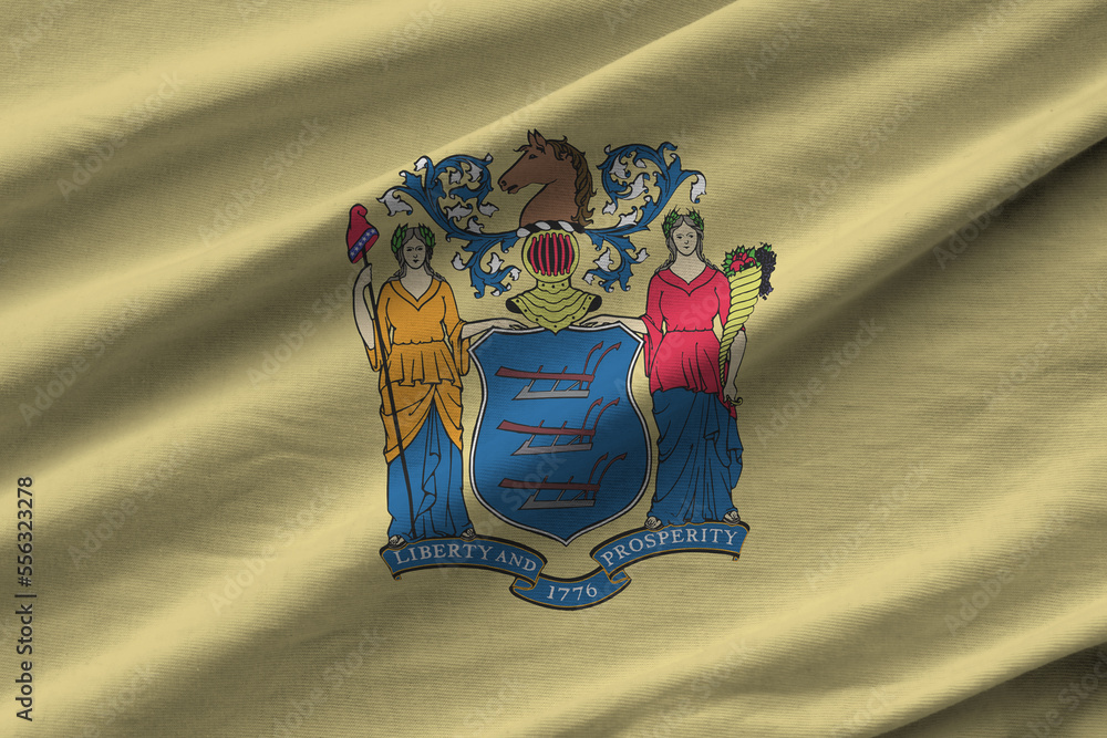 New Jersey US state flag with big folds waving close up under the ...