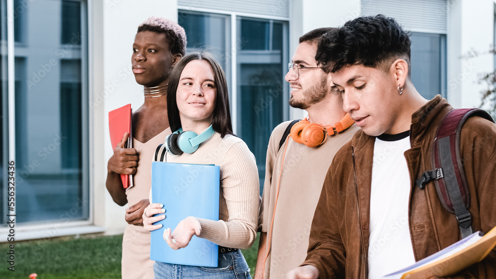 Multiracial students walking and talking Stock Photo | Adobe Stock
