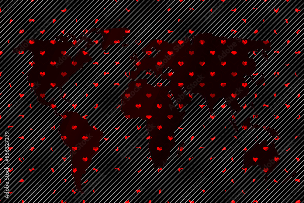 Roughly outlined world map with heart pattern. Poster of world, earth ...