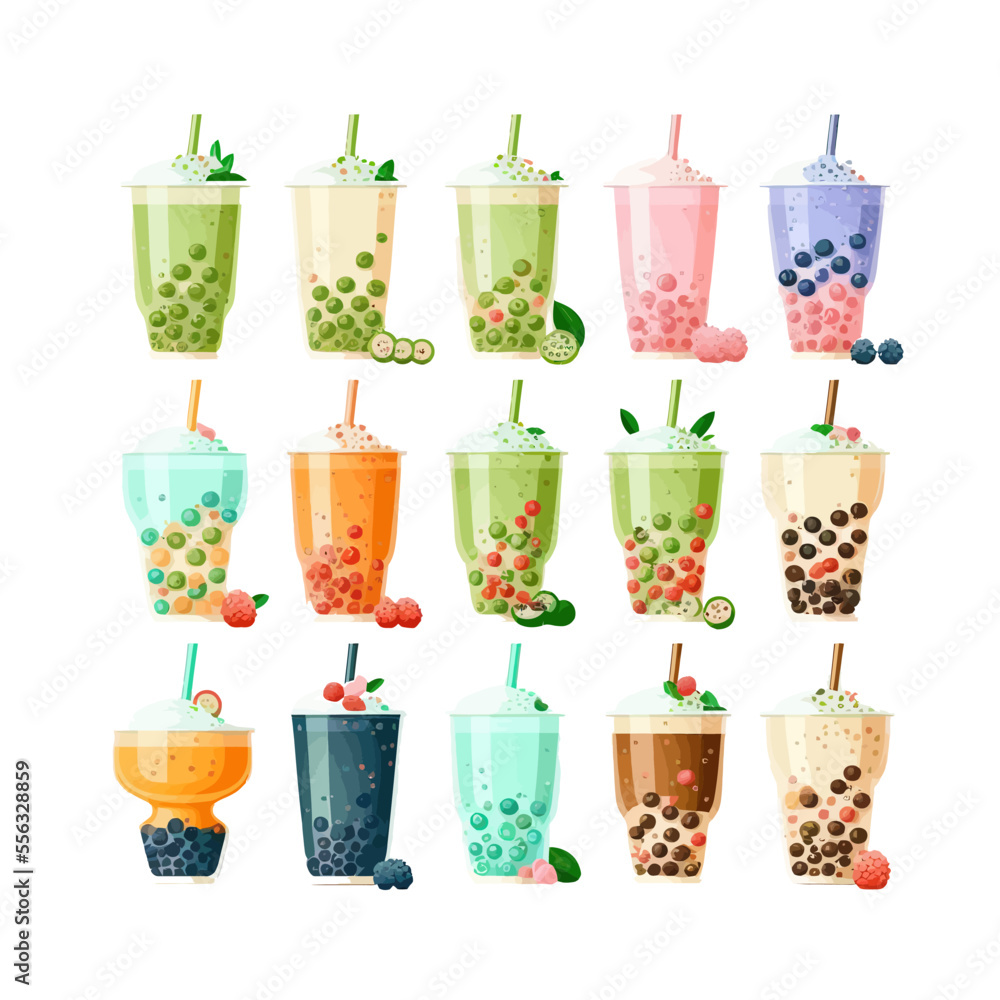 Set of plastic glasses with Taiwanese bubble or boba milk tea with ...