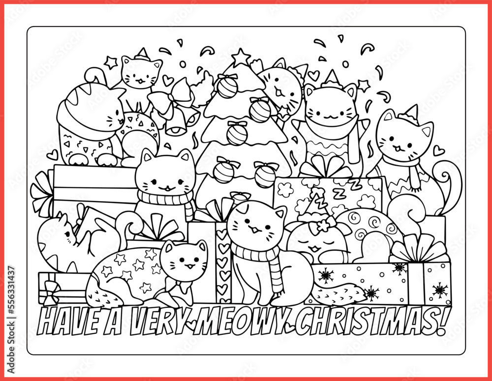 Christmas Coloring Page With Cat Vector Illustration Stock Vector ...