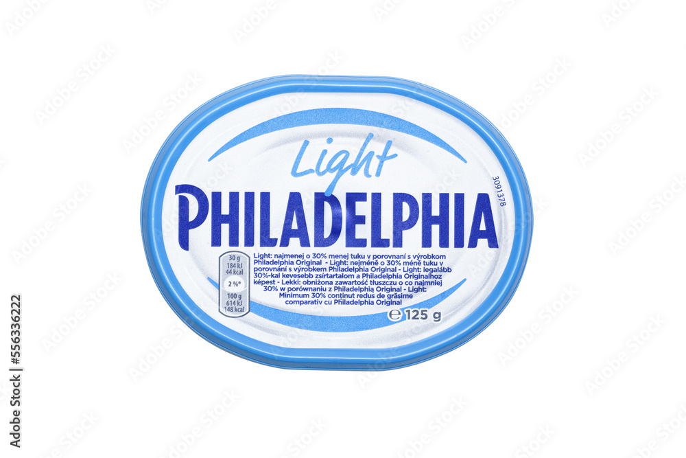 PHILADELPHIA Light Cream Cheese. Top view isolated on a transparent ...
