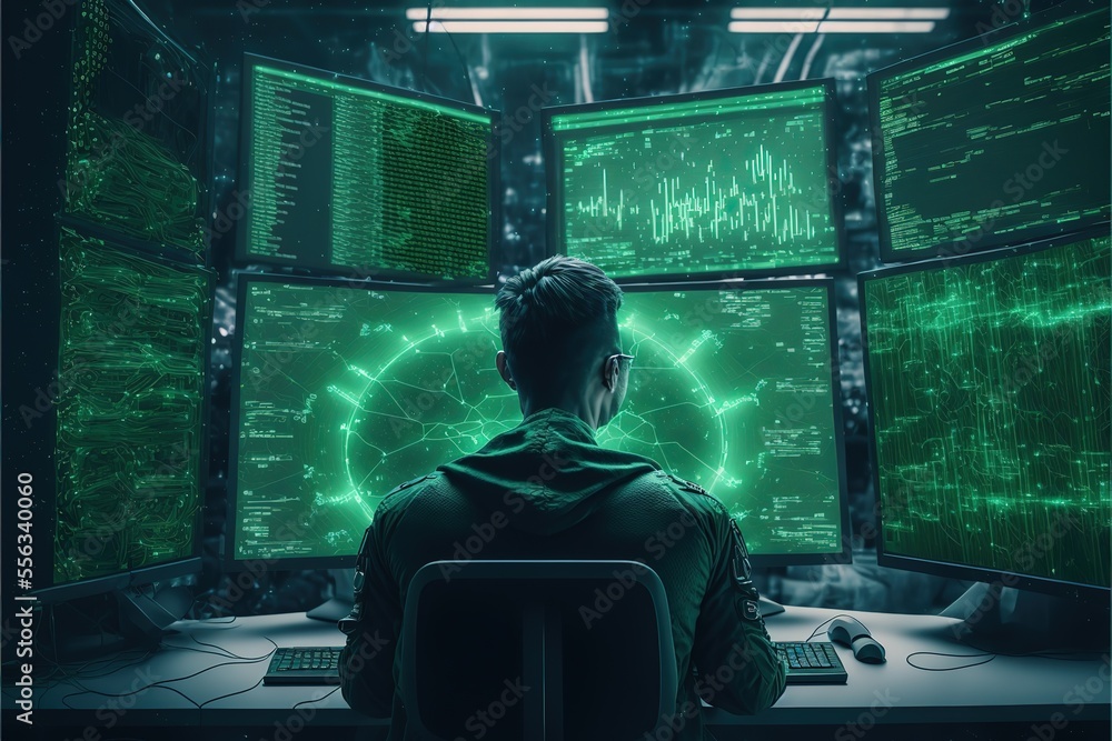 Programmer working on computers with multiple monitors AI ilustração do ...