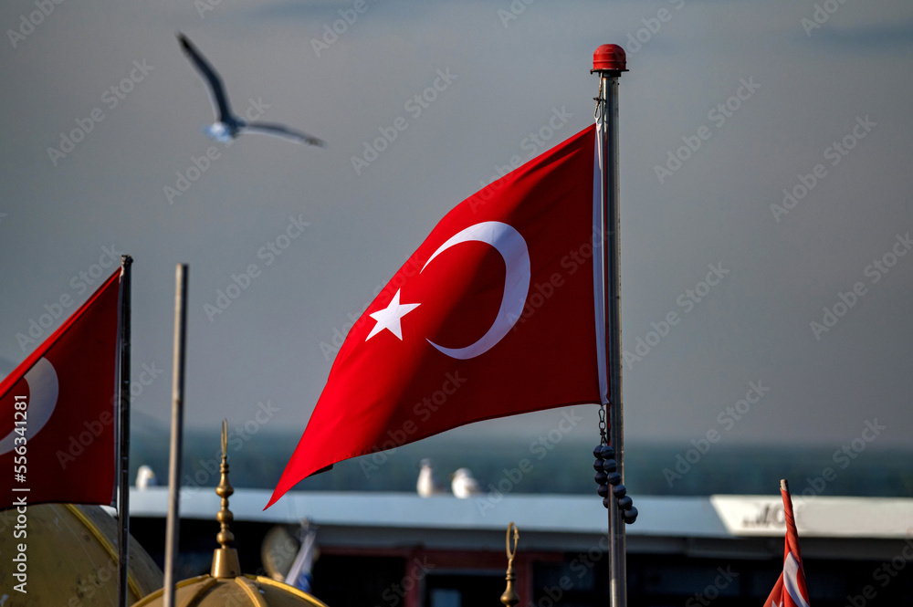 Two flags of Turkey, officially the Turkish flag or Turk bayragi Stock ...