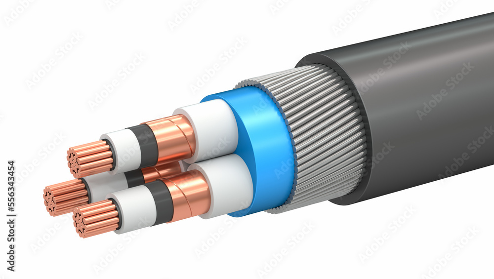 The structure of the electrical wire on a white background. Power three ...