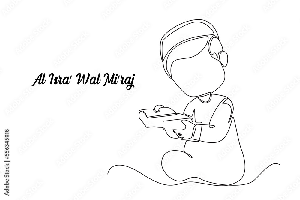 Continuous one line drawing Happy muslim boy reading quran. Isra miraj ...