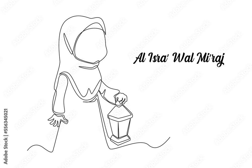 Continuous one line drawing Happy muslim girl with lantern celebrating ...