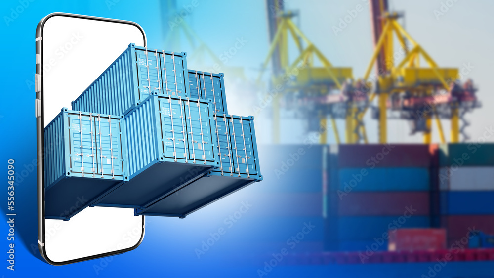 Cargo containers on phone screen. Smart phone near sea port with cargo ...