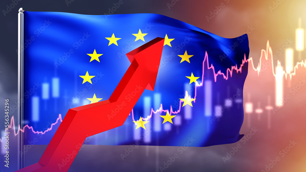 Flag of European Union. Red arrow up. Growing charts and quotes ...