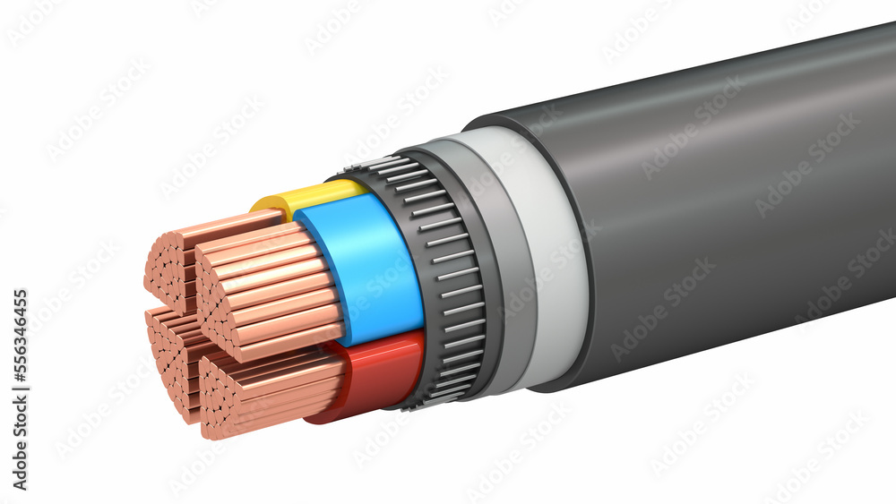 Powerful copper wiring in section. The structure of electrical wire ...