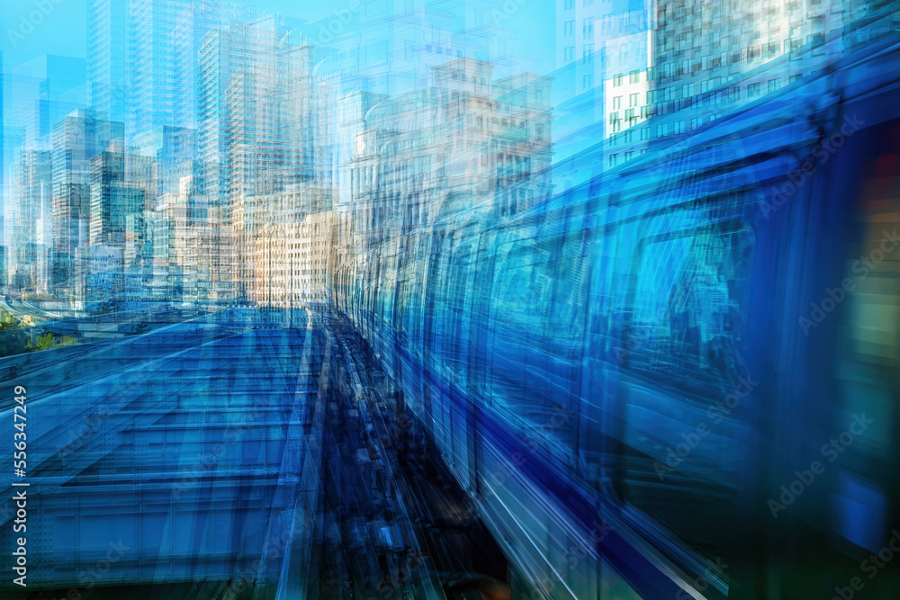 Urban background. High-speed train with movement effect. City with ...